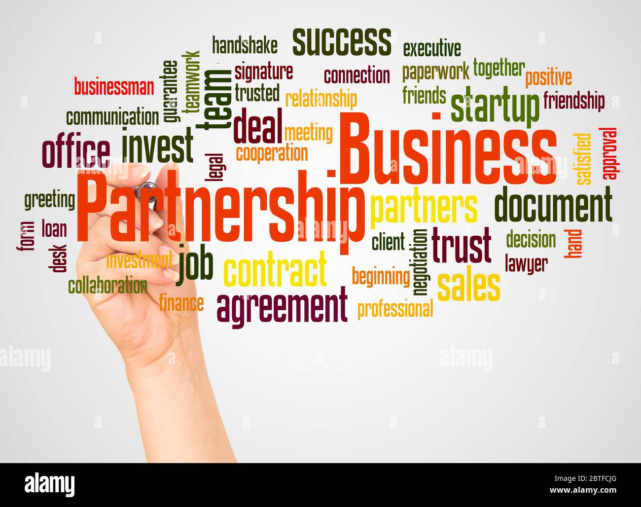 Business partnership word cloud and hand with marker concept on white ...