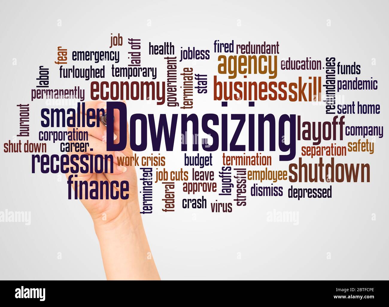 Downsizing word cloud and hand with marker concept on white background ...