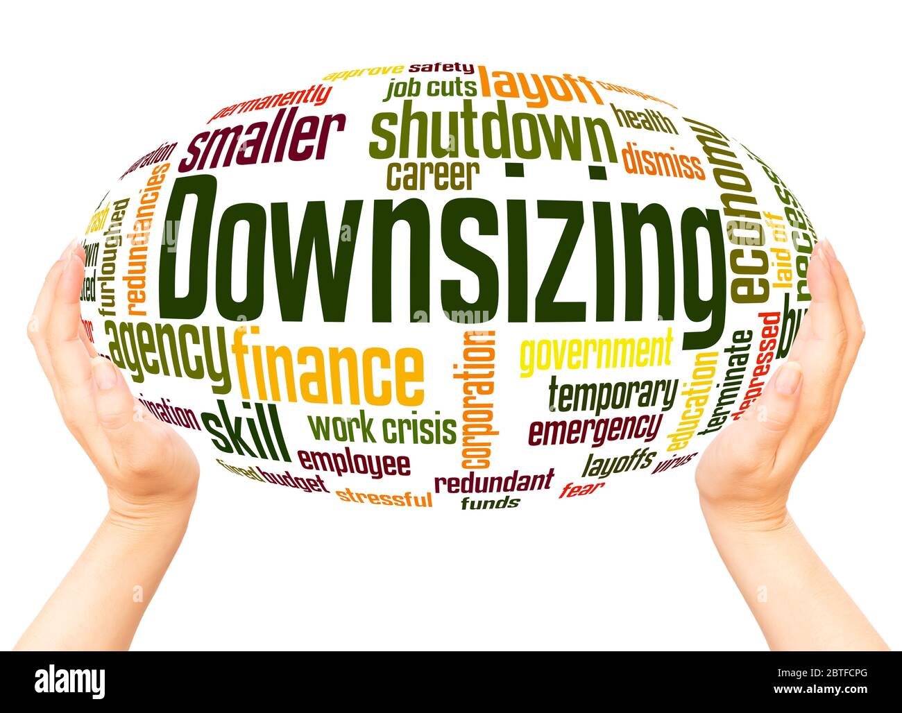 Downsizing word hand sphere cloud concept on white background Stock ...