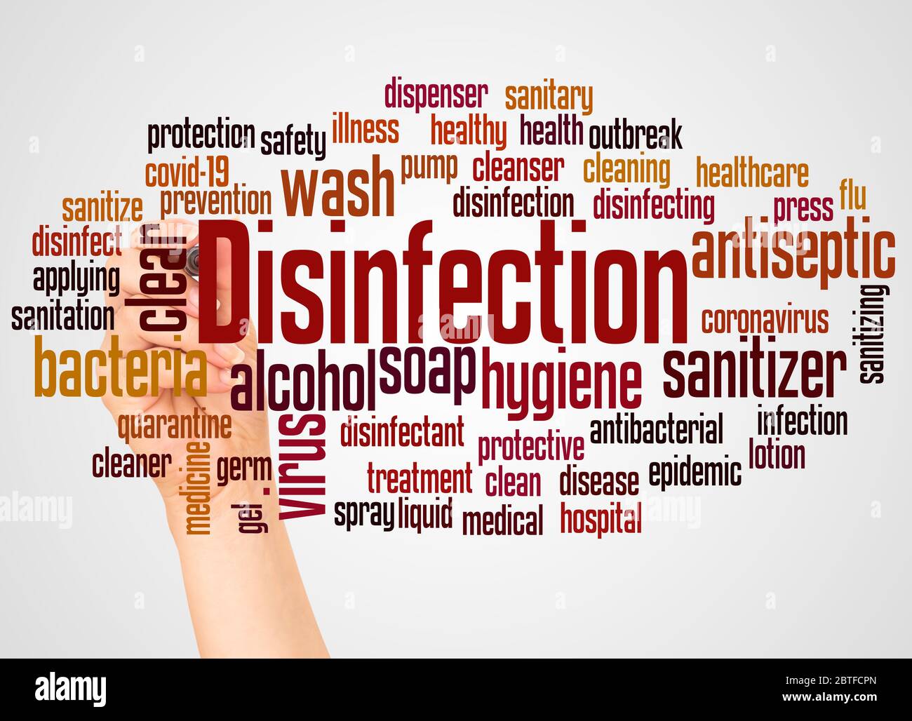 Disinfection word cloud and hand with marker concept on white ...