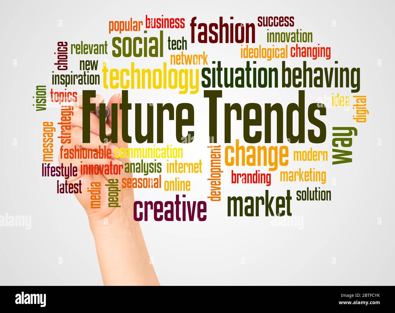Future trends word cloud and hand with marker concept on white ...