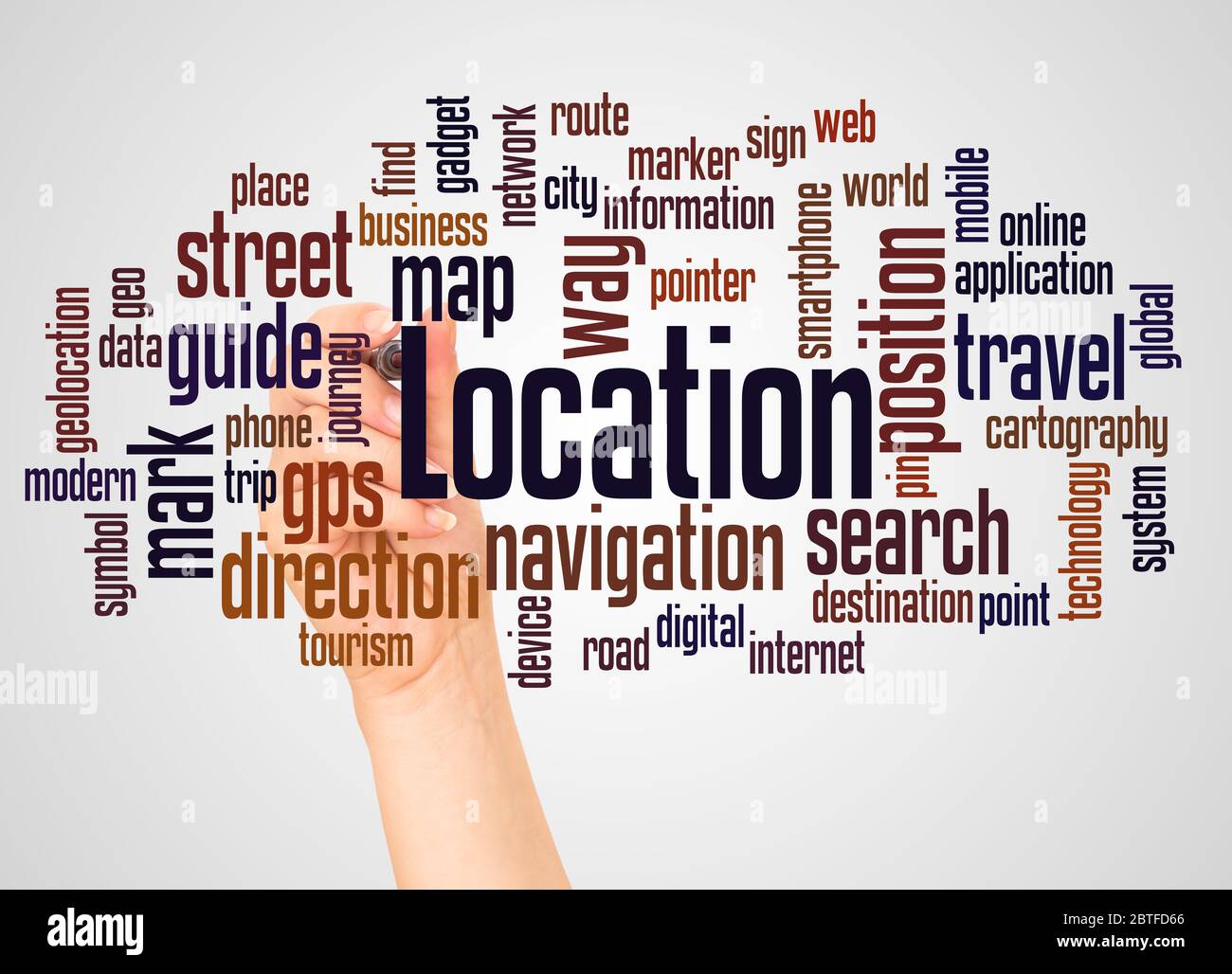 Location word cloud and hand with marker concept on white background ...