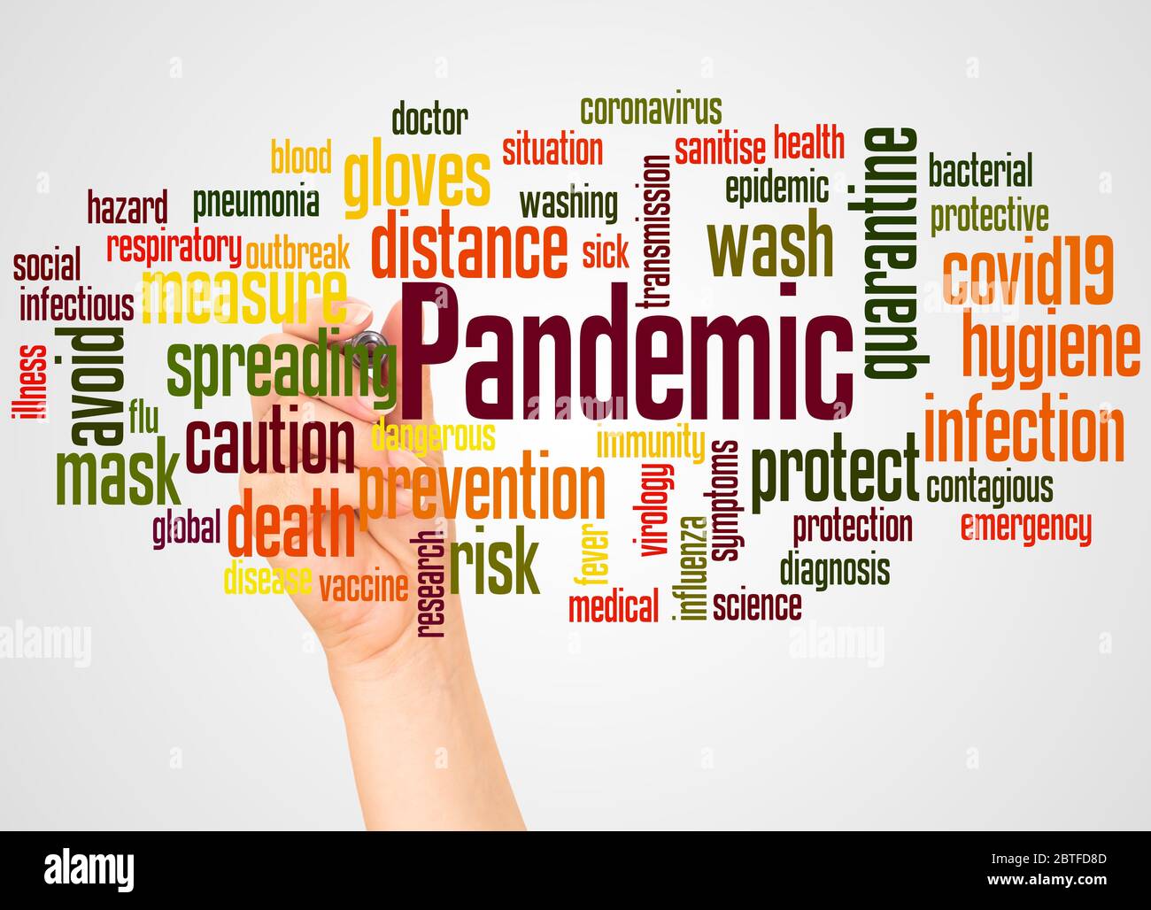 Pandemic word cloud and hand with marker concept on white background ...
