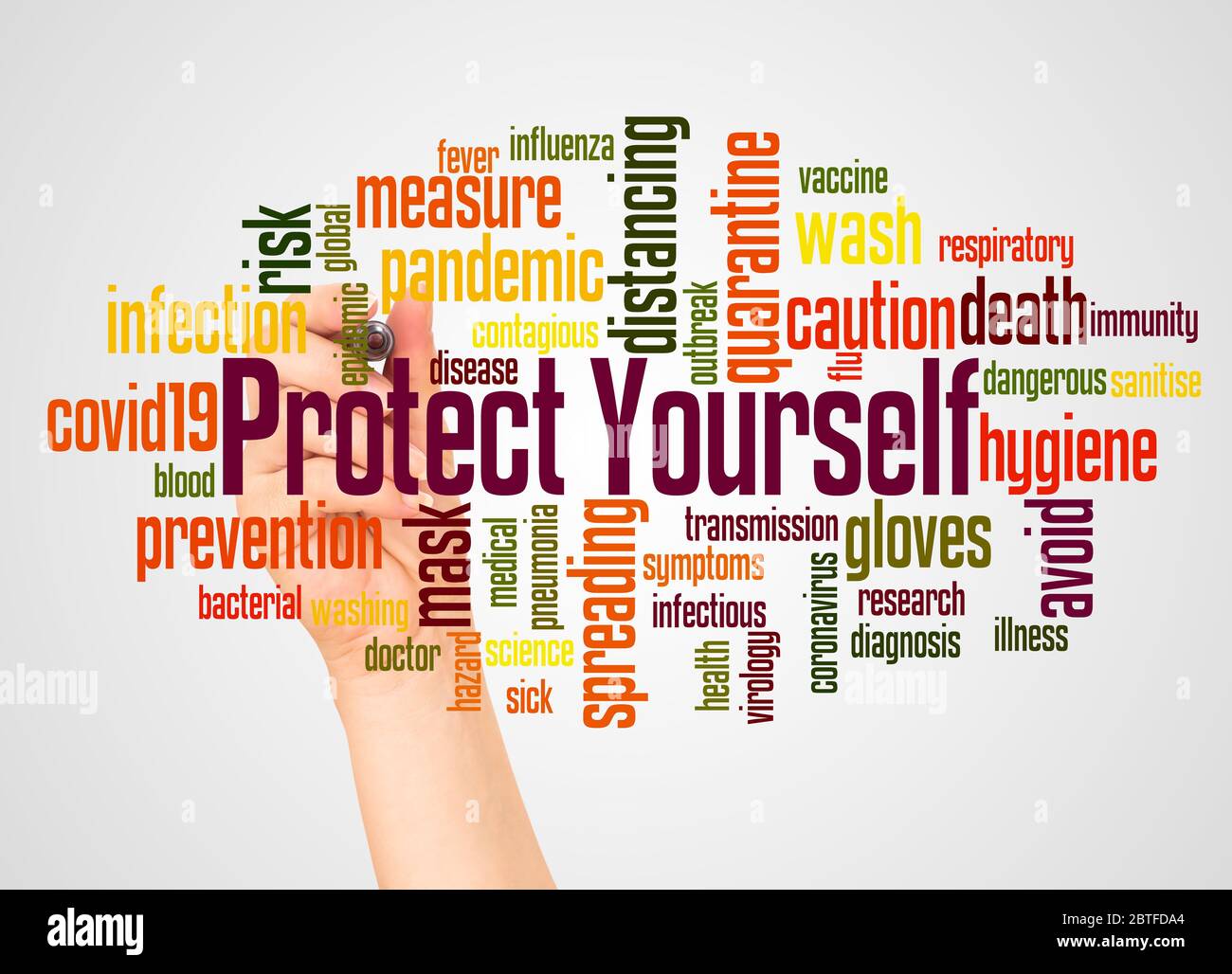 Protect yourself word cloud and hand with marker concept on white ...