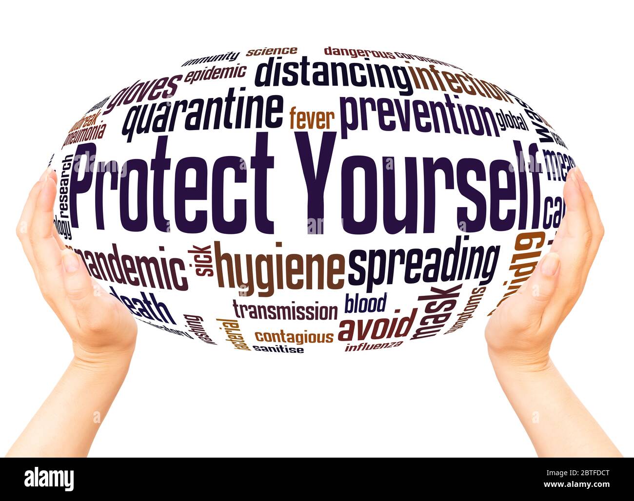 Protect yourself word hand sphere cloud concept on white background ...
