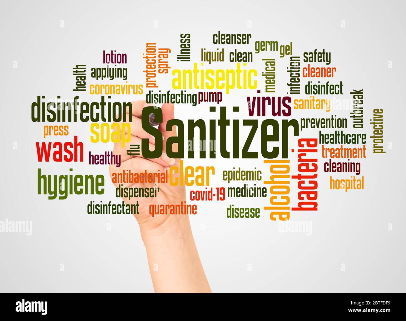Sanitizer word cloud and hand with marker concept on white background ...