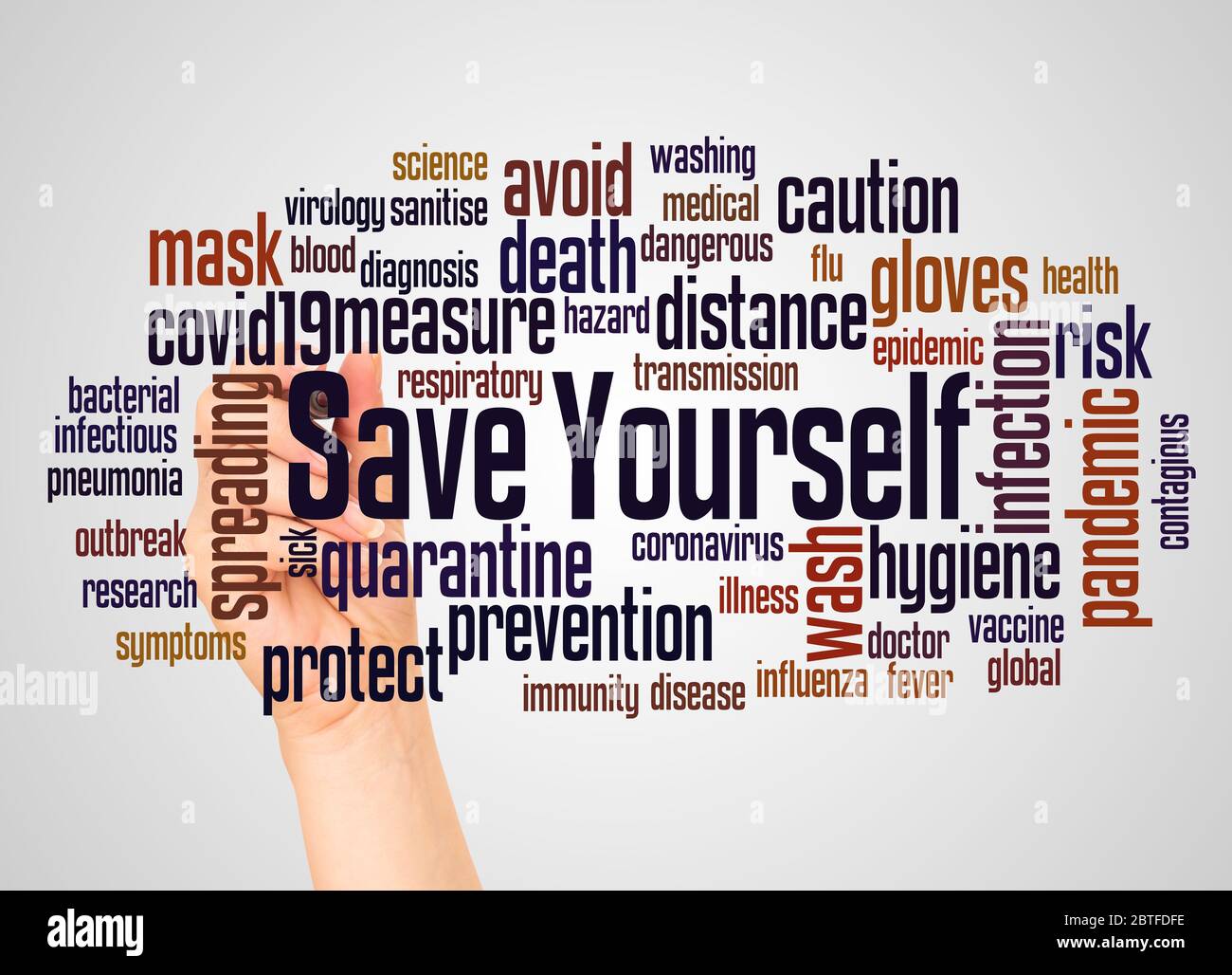 Save yourself word cloud and hand with marker concept on white ...