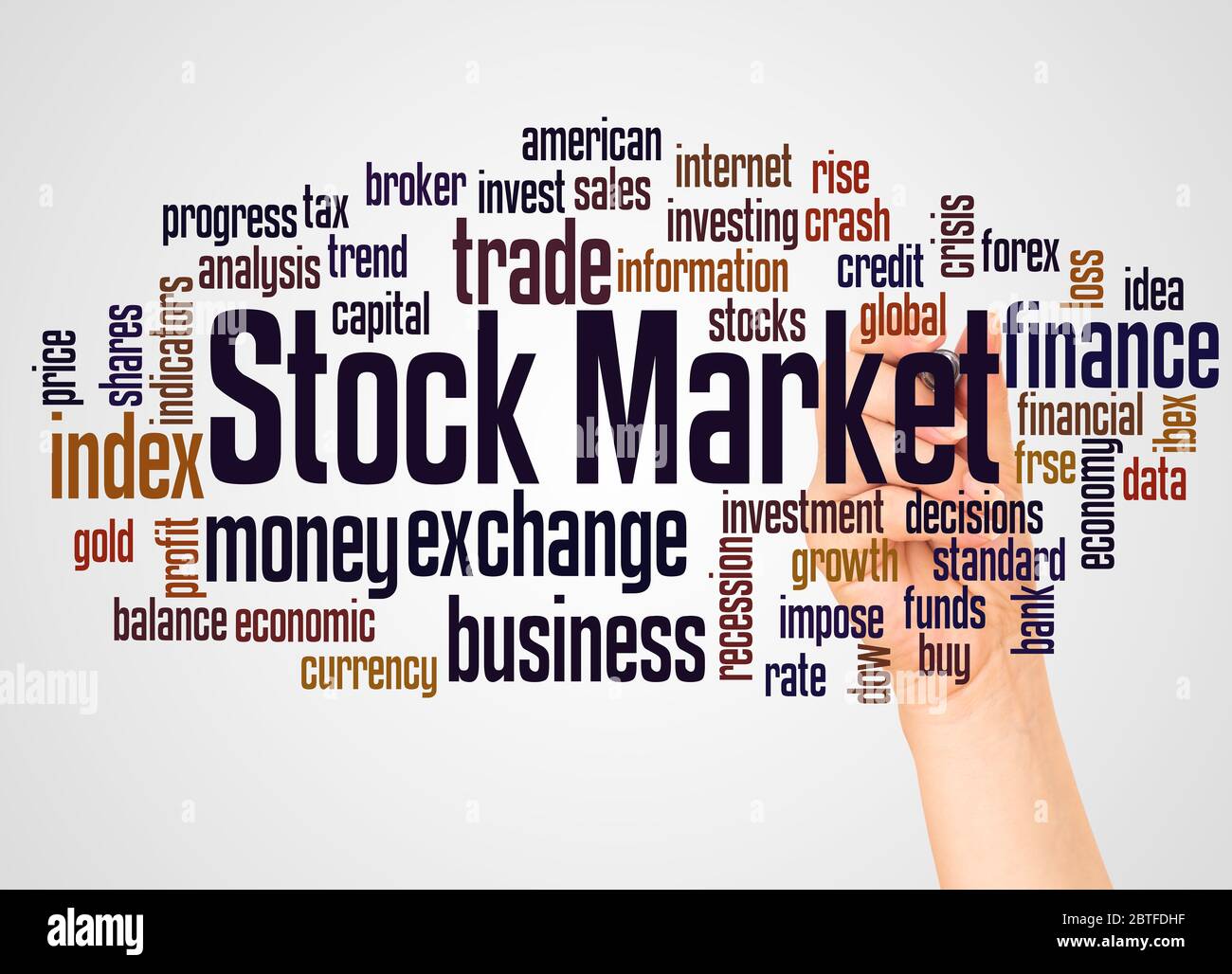 Stock market word cloud and hand with marker concept on white ...