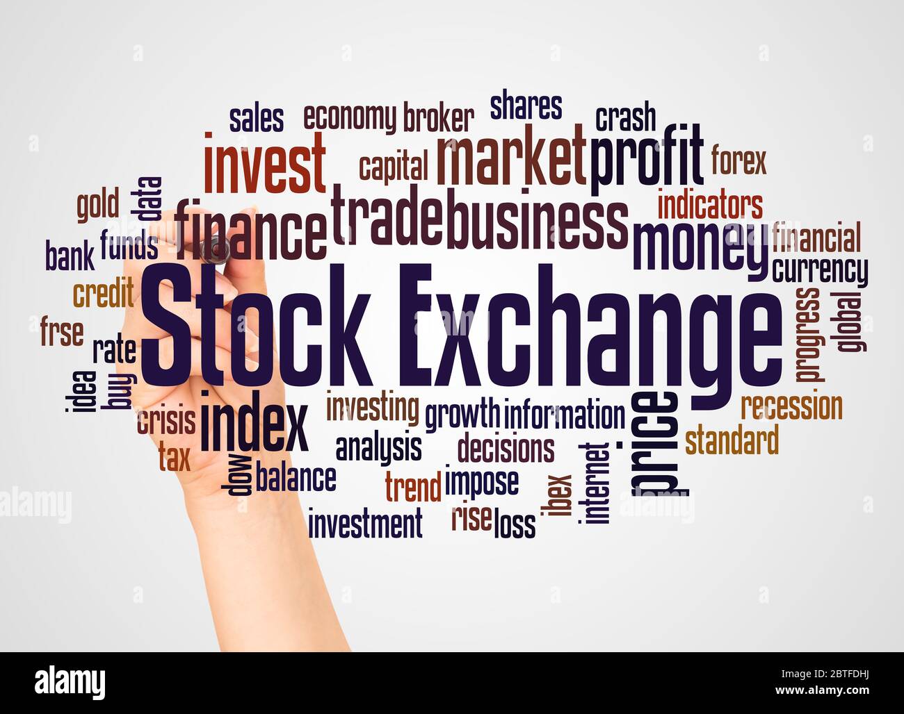 Stock exchange word cloud and hand with marker concept on white ...