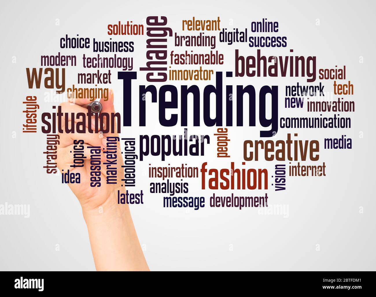 Trending word cloud and hand with marker concept on white background ...