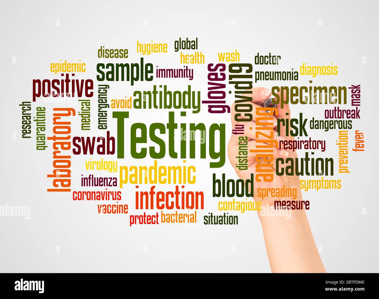 Testing word cloud and hand with marker concept on white background ...