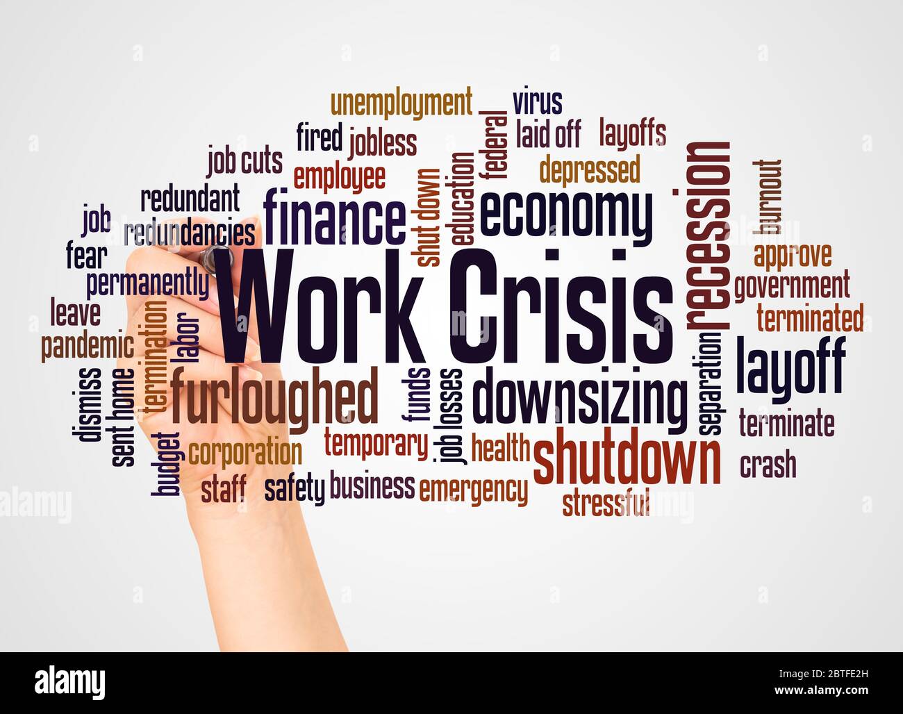 Work crisis word cloud and hand with marker concept on white background ...