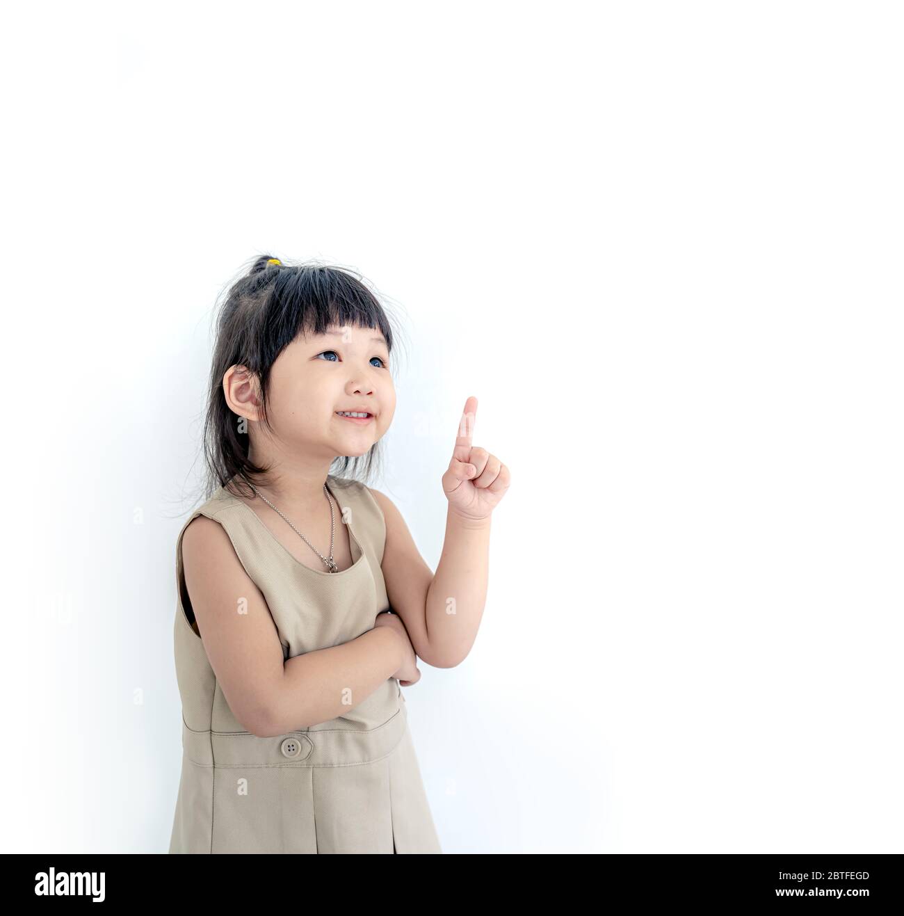 Creative smart good-looking blond little girl student raise index ...