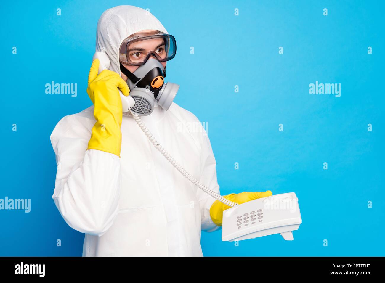 Covid epidemic no you joke. Shocked doctor man have talk call telephone ...