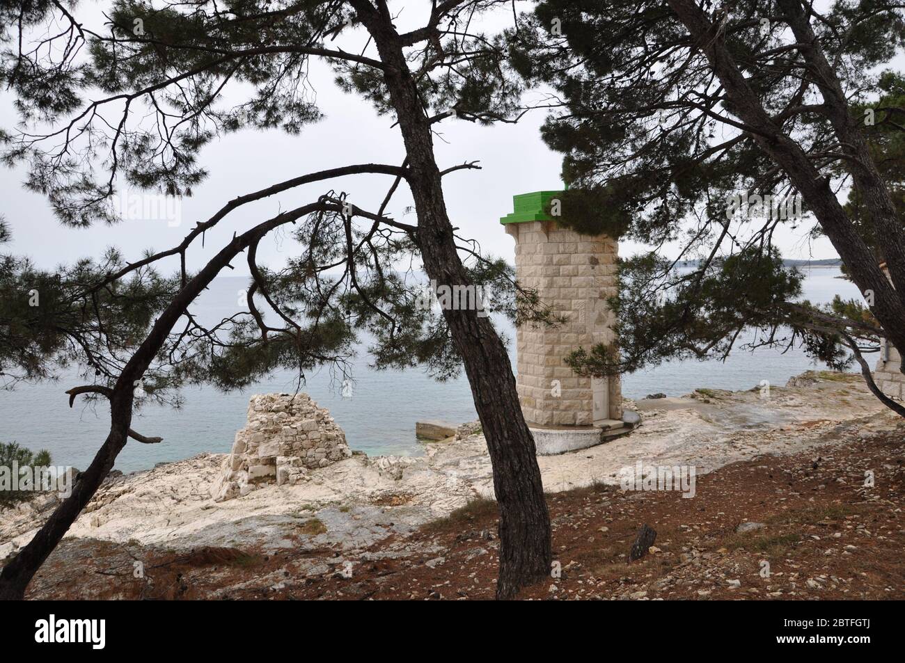 Lighthouse on the small island surrounded with pine tree Stock Photo ...