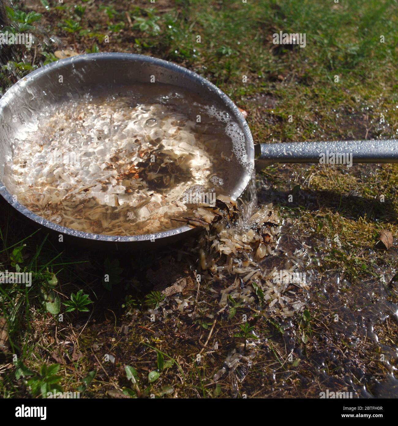 Washing outdoor dirty stainless frying pan with leftovers inside Stock ...