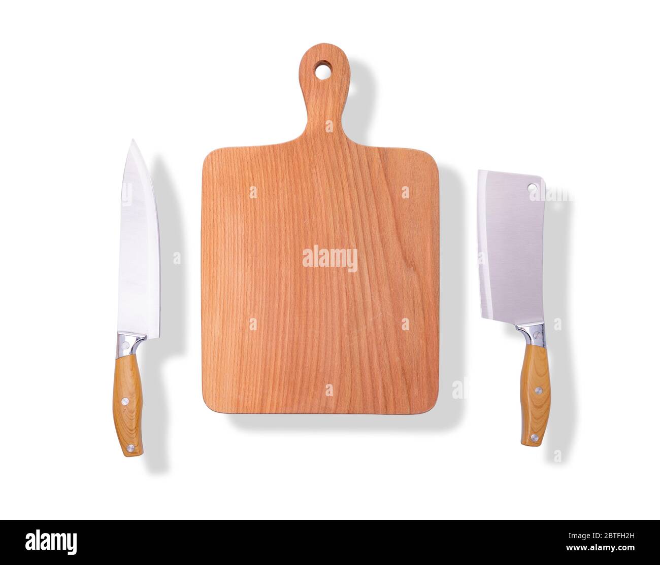 Natural wooden cutting board with a knife, kitchen tools. Tools for ...