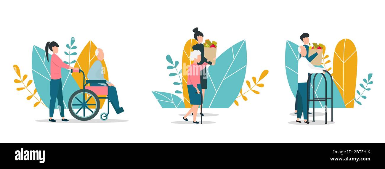 Helping elderly. Volunteers aiding senior people on white background ...