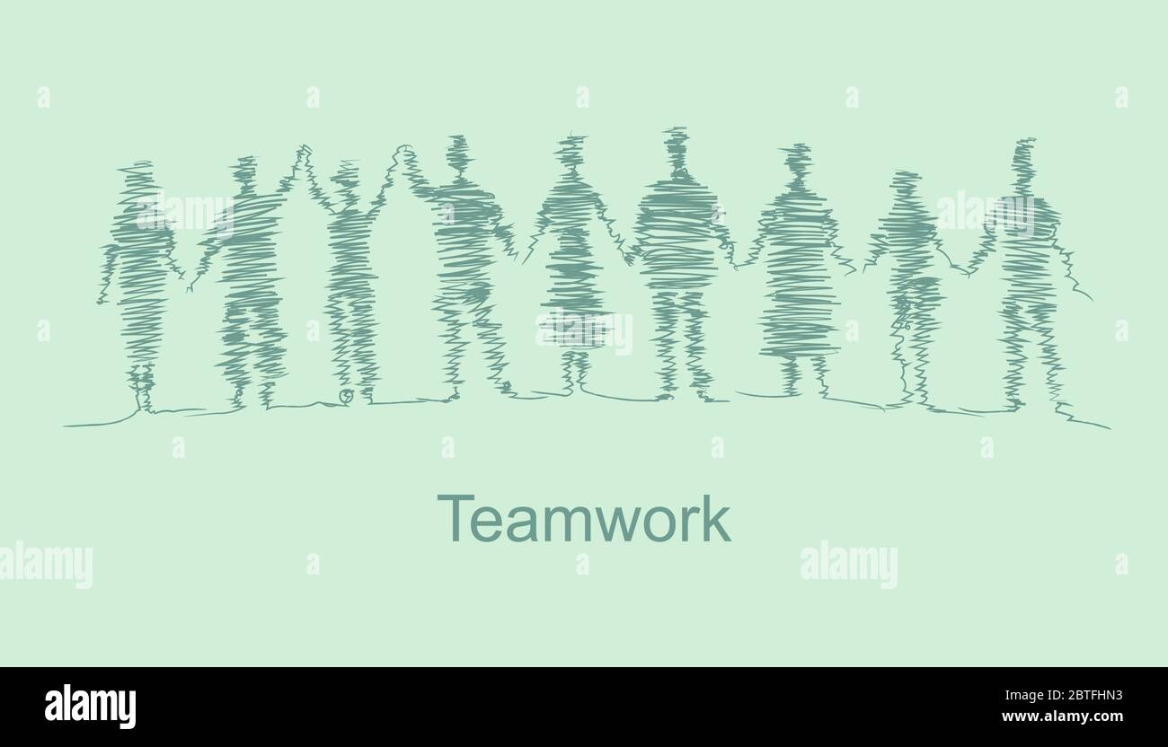Teamwork and partnership. People standing in line freehand pencil ...