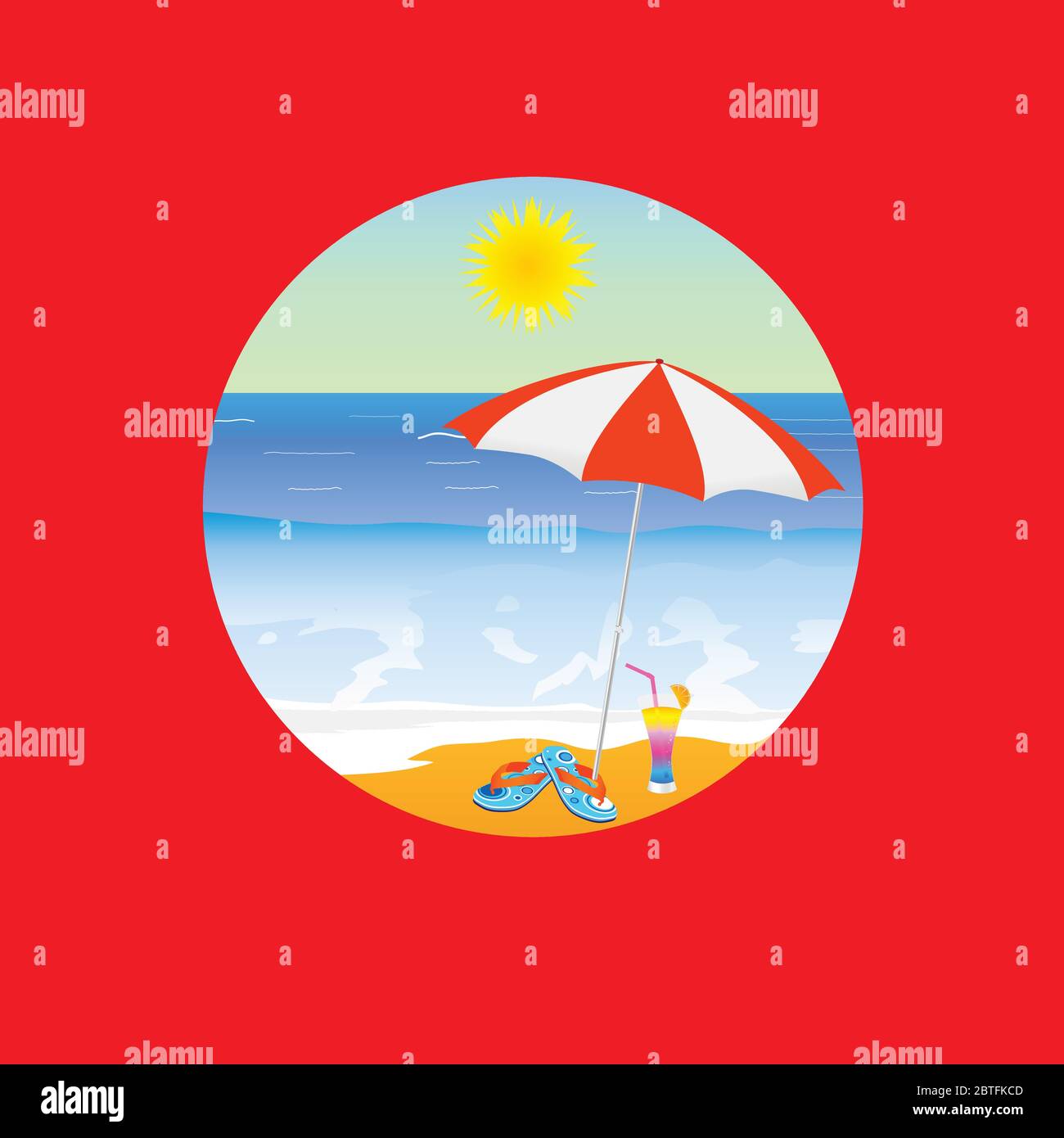 beach paradise cartoon vector illustration on a red Stock Vector Image ...