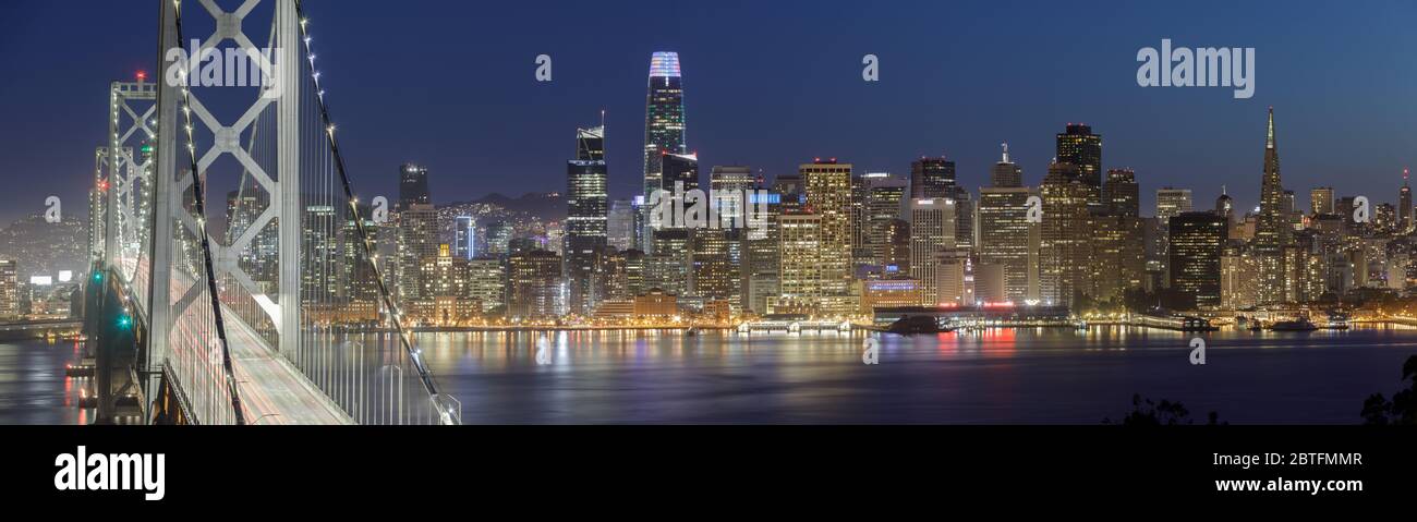 Panoramic Views of San Francisco Bay Bridge and Waterfront at Night ...