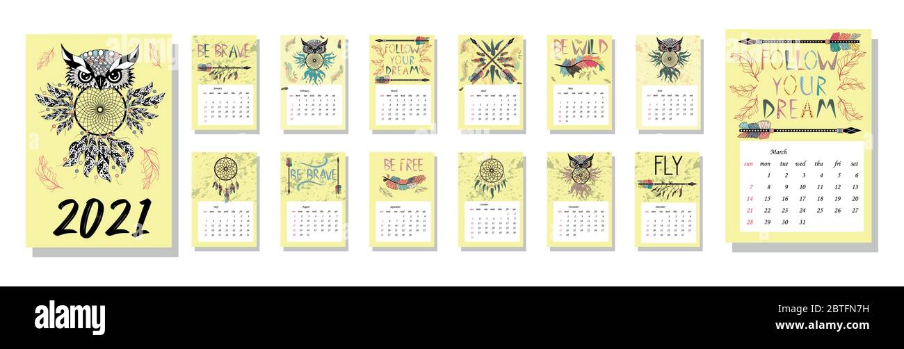 Colorful cute monthly boho calendar 2021 with dream catchers, boho owls ...