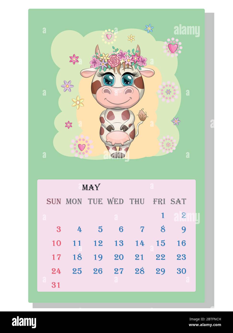 Calendar 2021. Cute bull and cow for every month Stock Vector Image ...