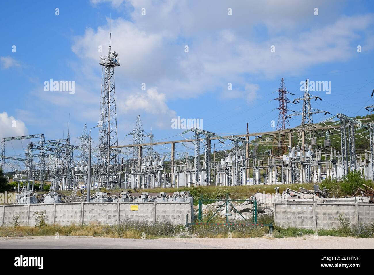 a Power substation equipment, transformers and wire poles Stock Photo ...