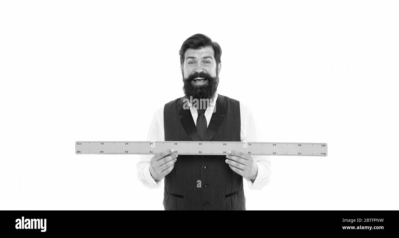 Maths teacher taking measurement. this is too big. happy man measure ...