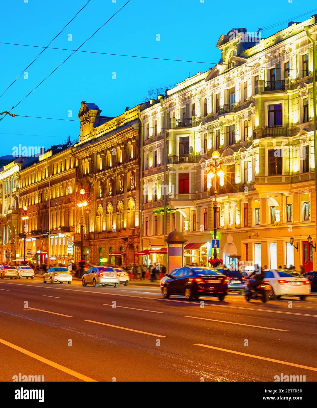 Night Saint Petersburg cityscape with traffic on illuminated Nevsky ...