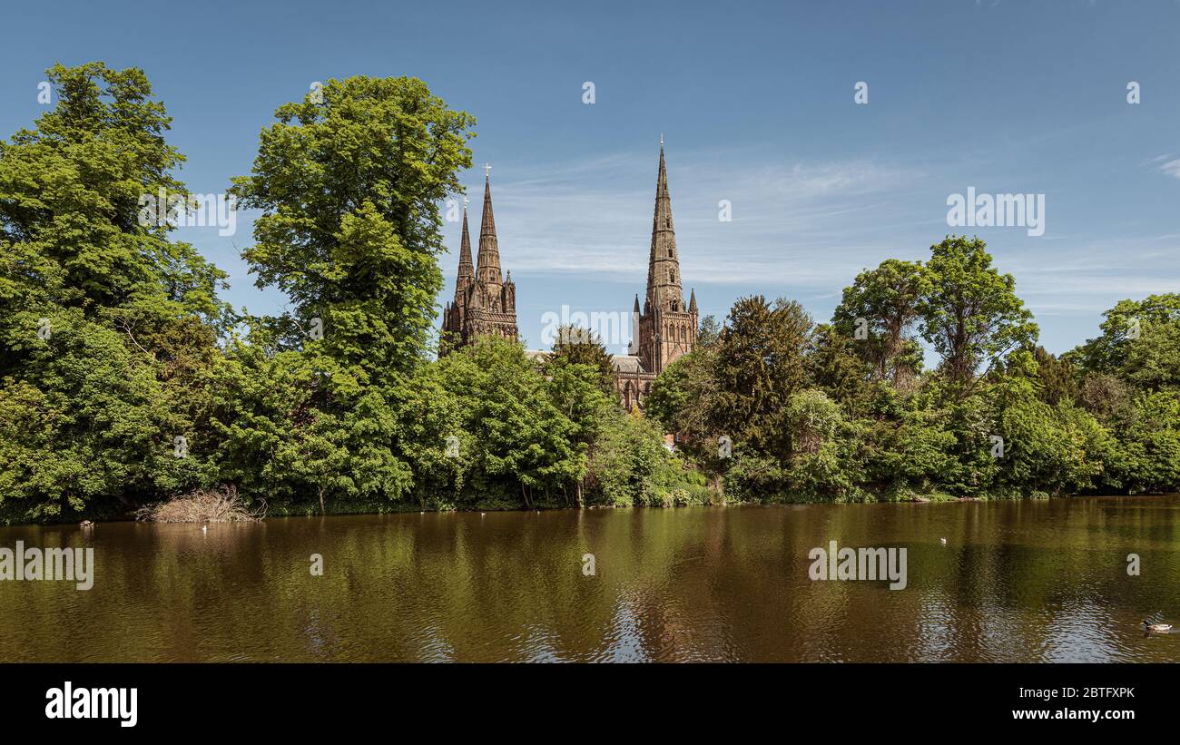 A view of the three spires of Lichfield cathedral in Staffordshire from ...