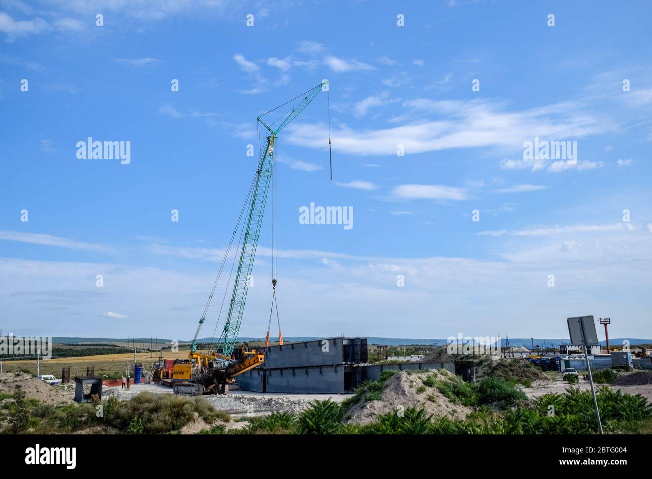 Steel parts of the bridge structure. Construction of a road junction ...