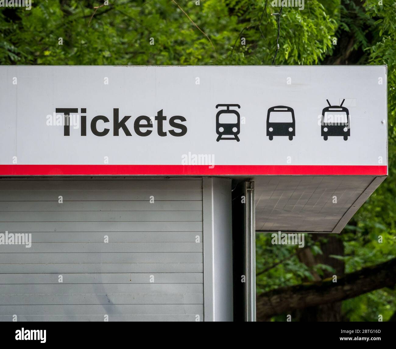Close up with a public transport tickets booth. Bus, tram and ...