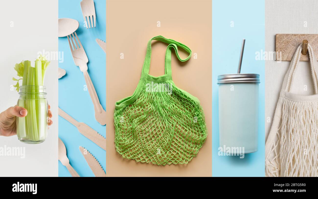Collage of environmental eco lifestyle, reusable bottles, wooden ...