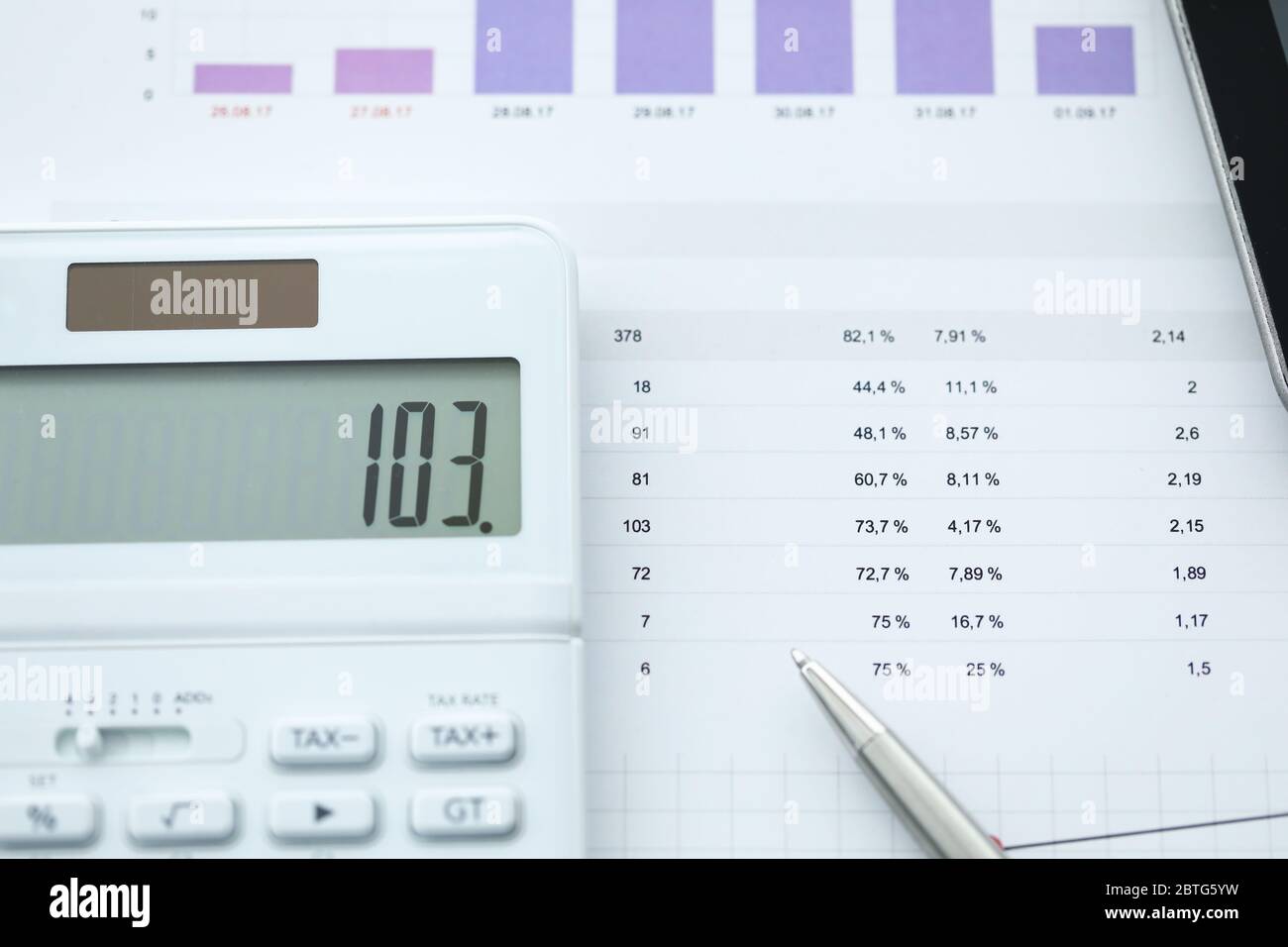 On report with numbers lies calculator and pen Stock Photo - Alamy