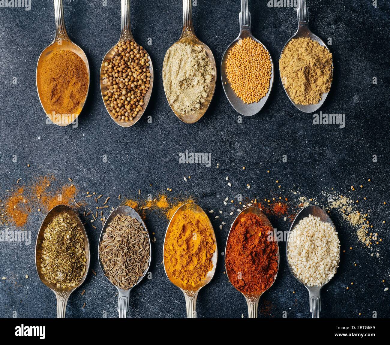 Spices in spoons background. Varieties of spices (turmeric, pepper ...