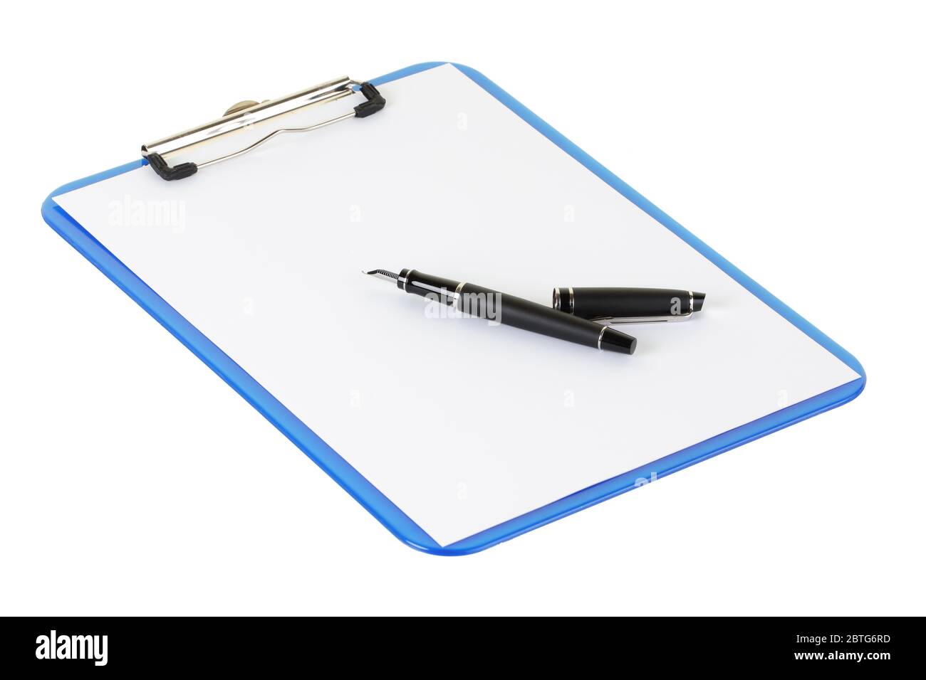 Blue clipboard isolated on white with fountain pen Stock Photo - Alamy