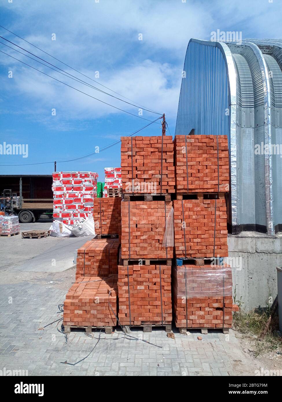 Taman, Russia - June 9, 2019: Warehouse of building materials. a ...