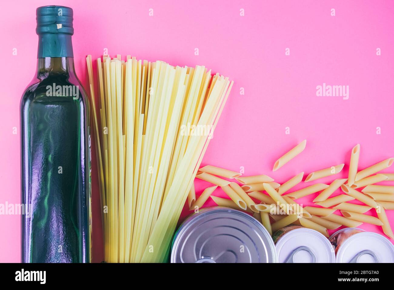 Donations or non-perishable food with cans, olive oil and pasta Stock ...