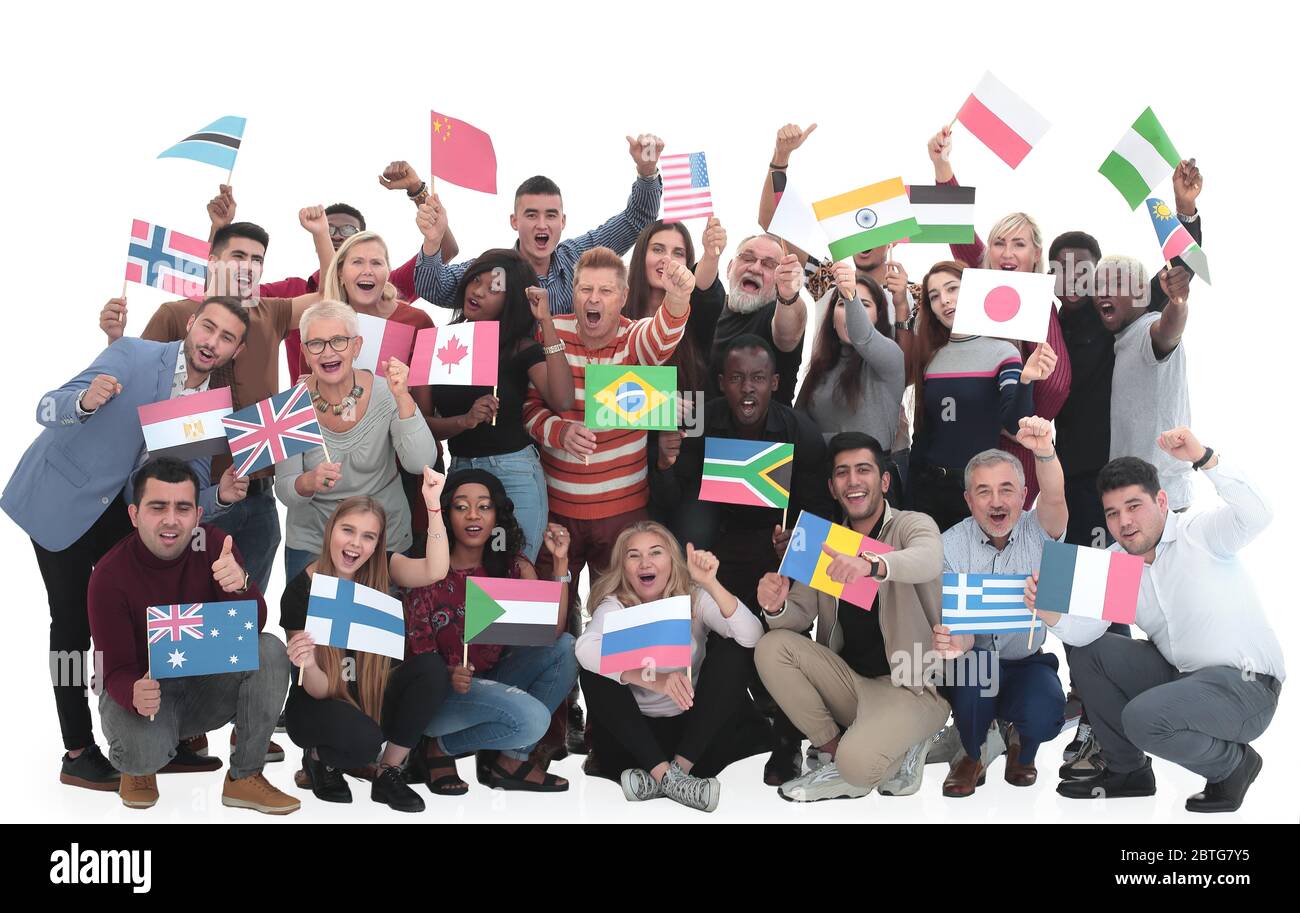 multinational group of people with their national flags Stock Photo - Alamy
