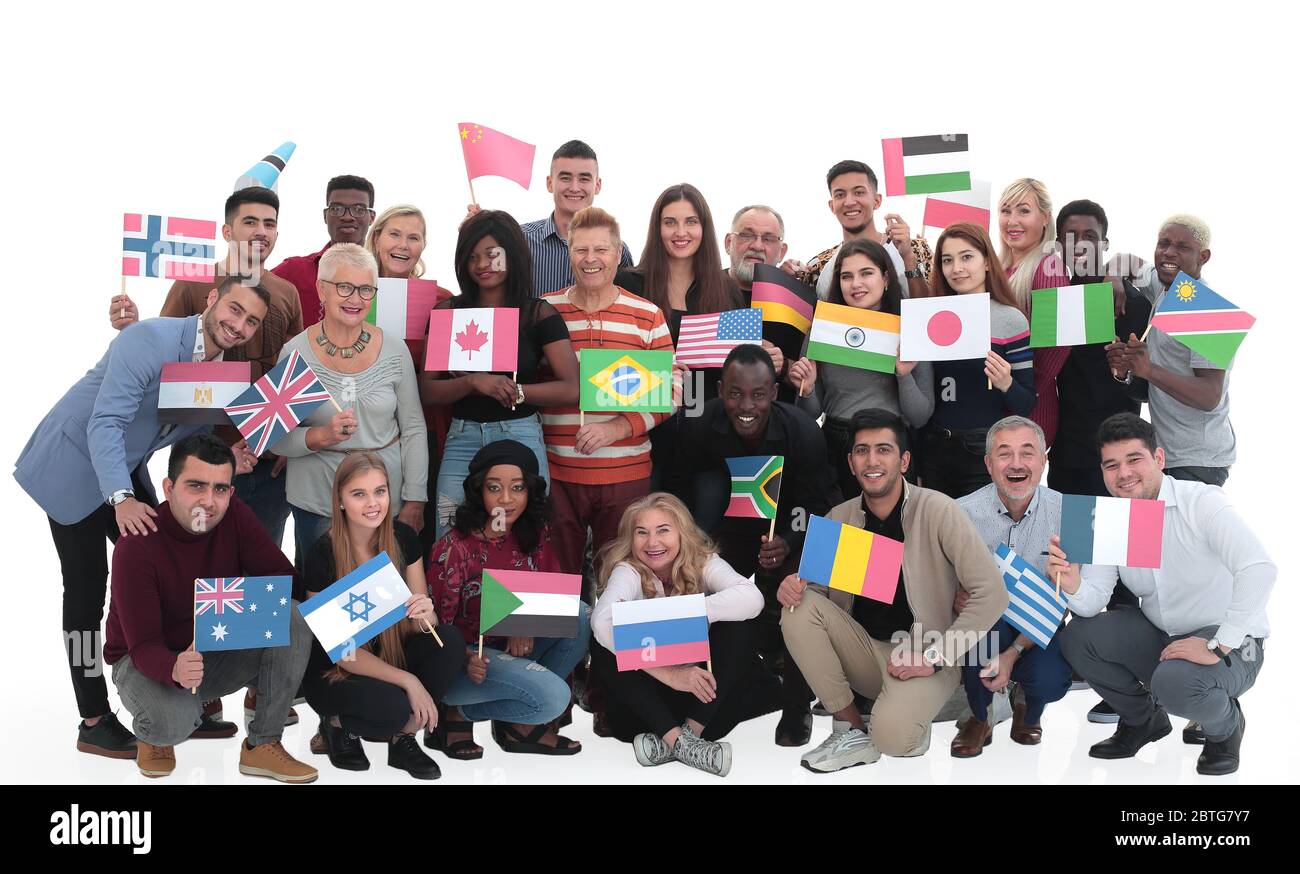 Large group of people with flags isolated over white background Stock ...