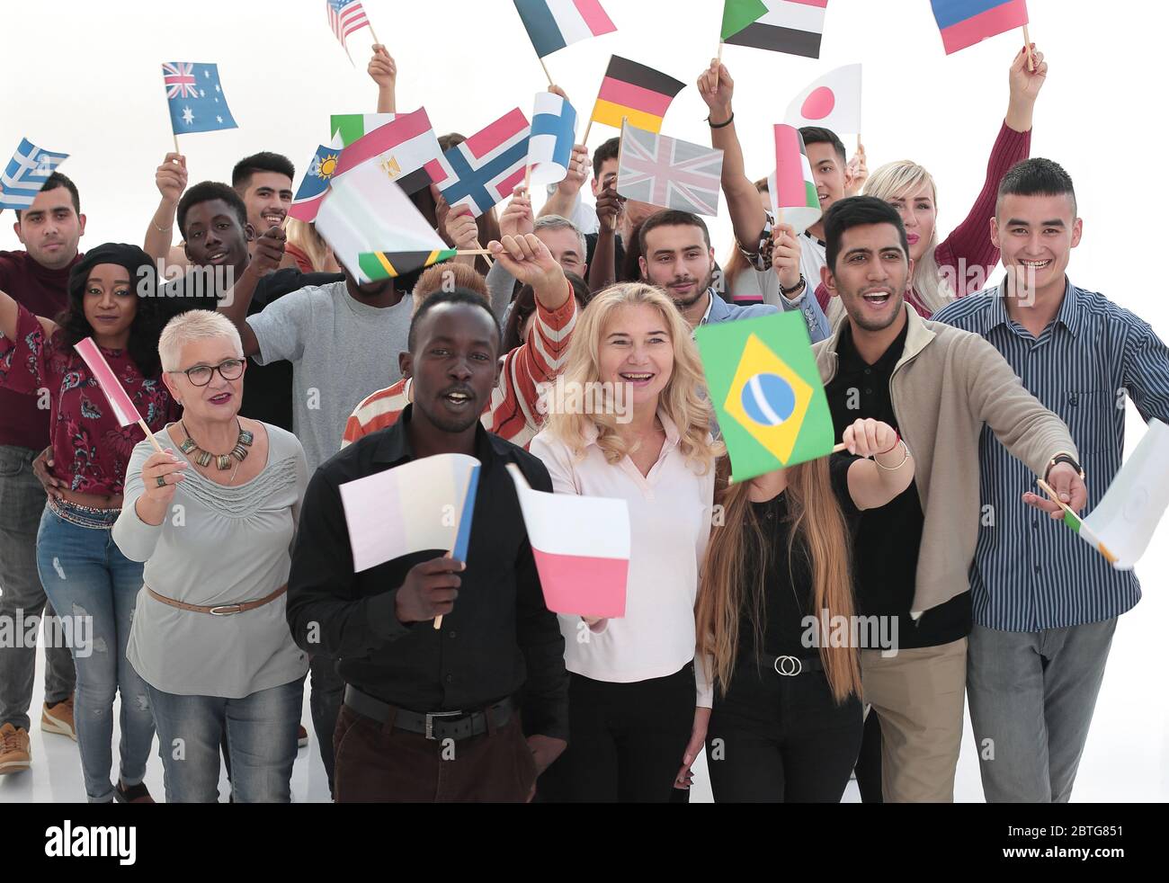 Cool group of people, woman and man happy and excited with flags Stock ...
