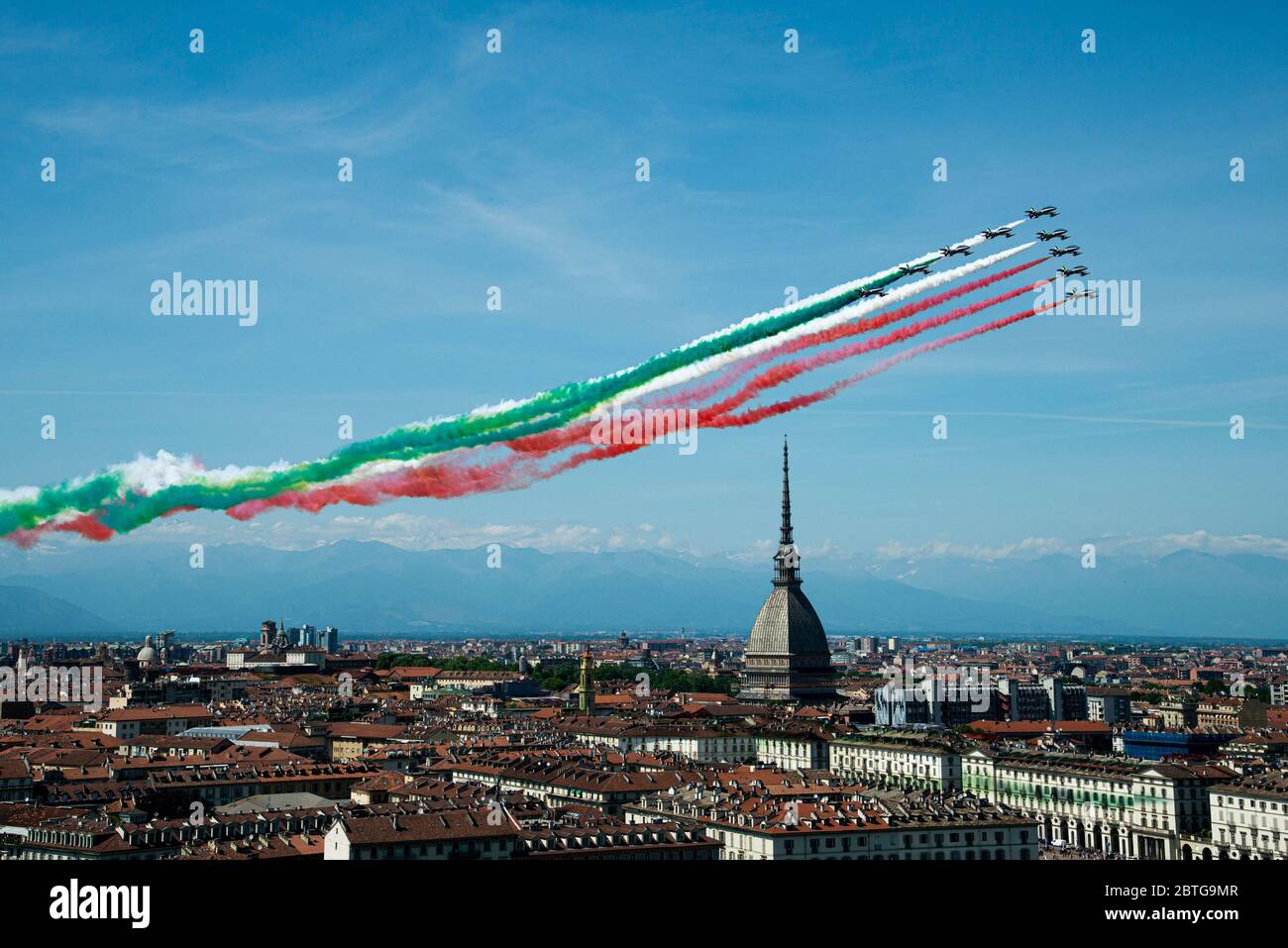 The Italian national aerobatic team, the Frecce Tricolore, flies near ...