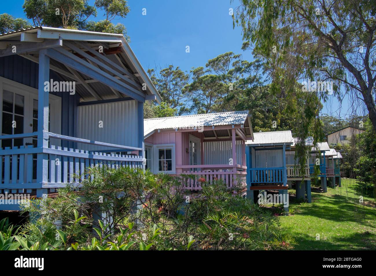 Row colourful beach cottages Hyams Point Jervis Bay NSW Australia Stock ...