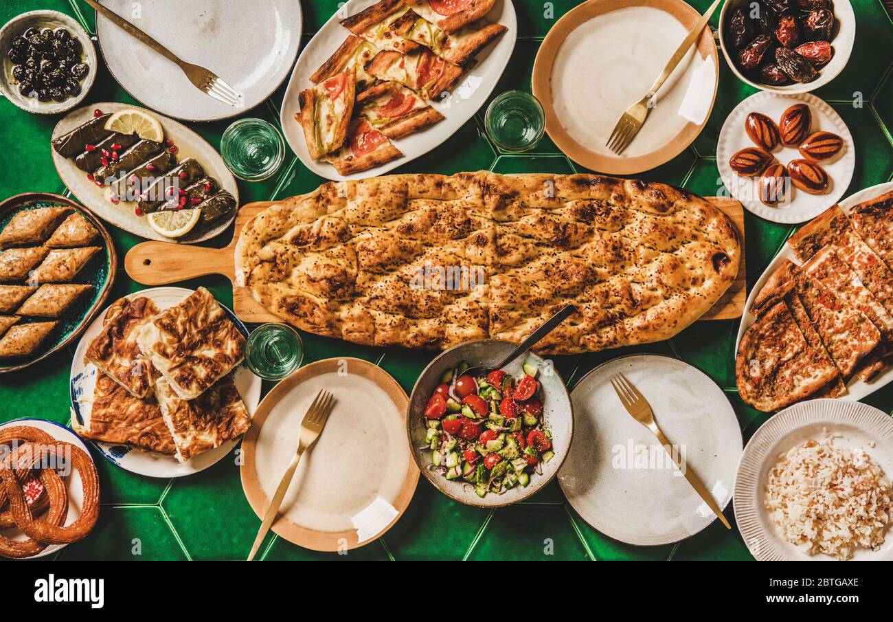 Muslim Ramadan iftar family dinner with Turkish foods, copy space Stock ...