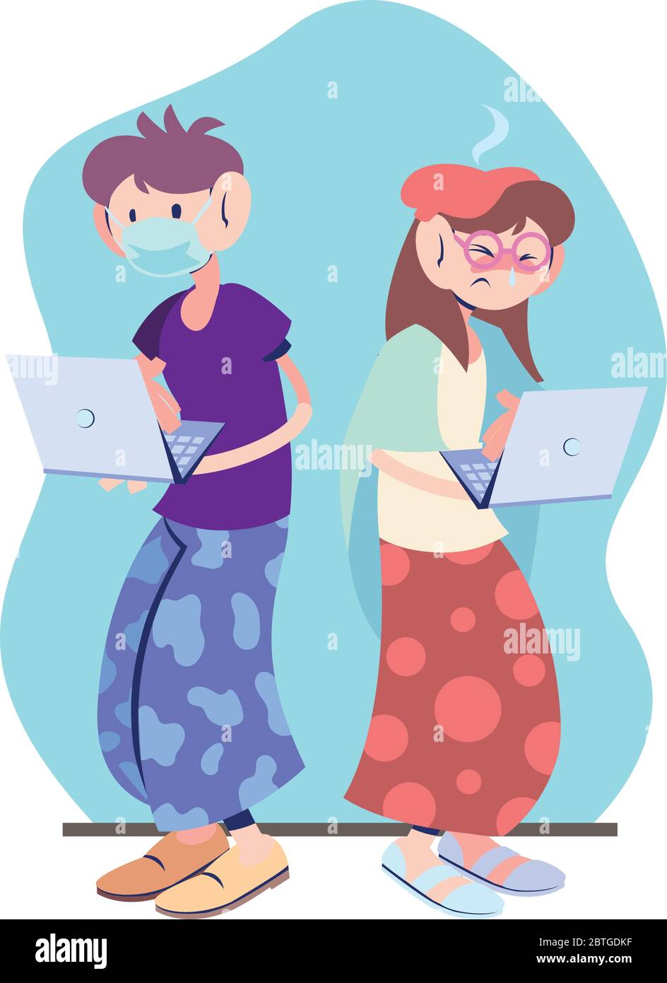 sick couple working on the computer vector illustration design Stock ...