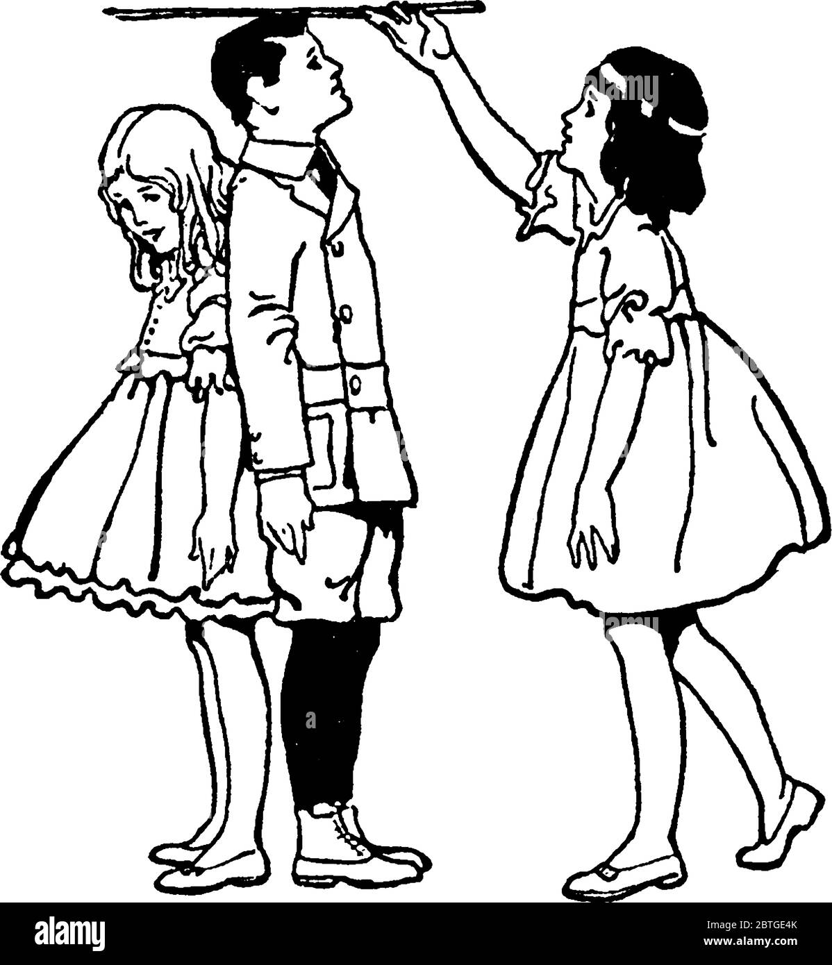 sketch showing a girl comparing the heights of adults, vintage line ...
