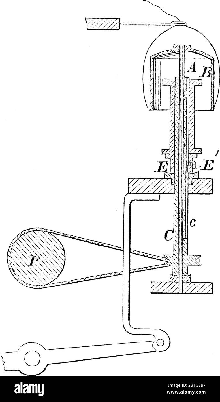 Top view of Lawn mower on a paper as a mechanical design, vintage line ...