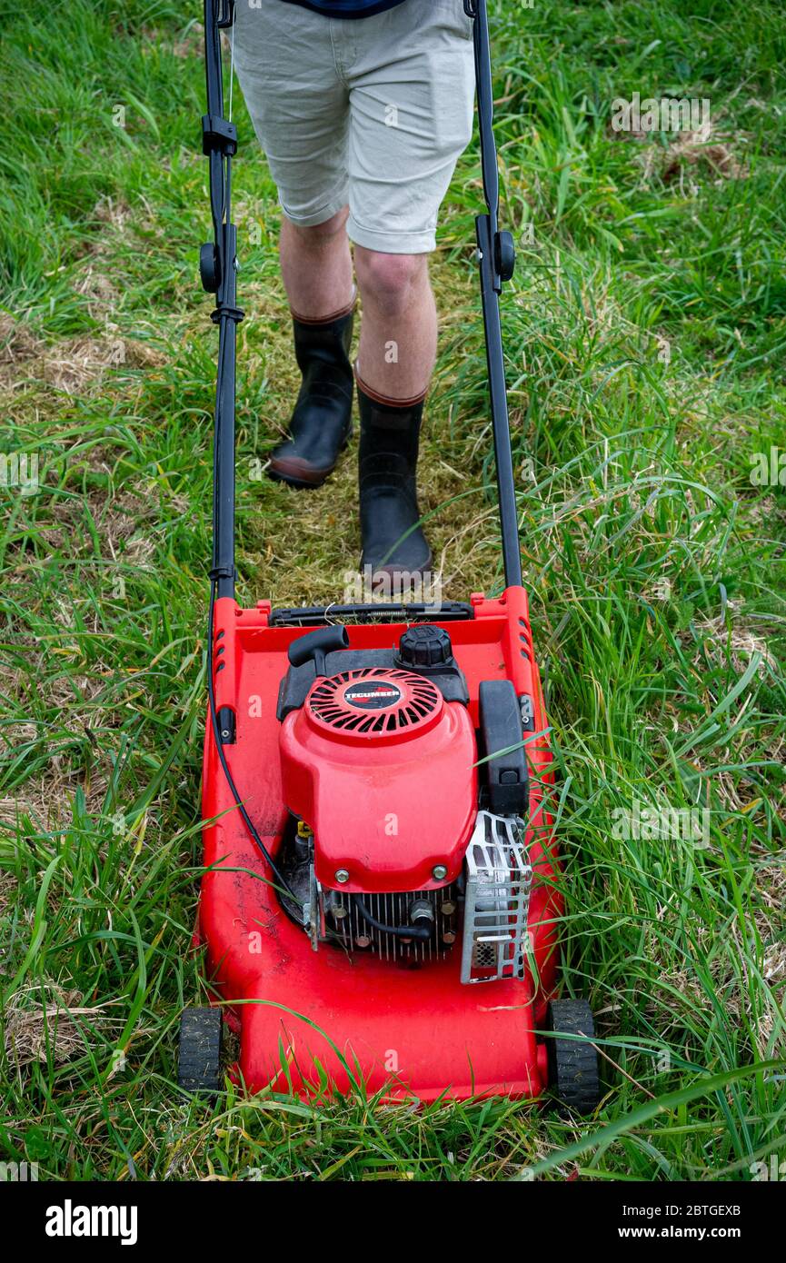 Man pushing lawn mower mowing hi-res stock photography and images - Alamy