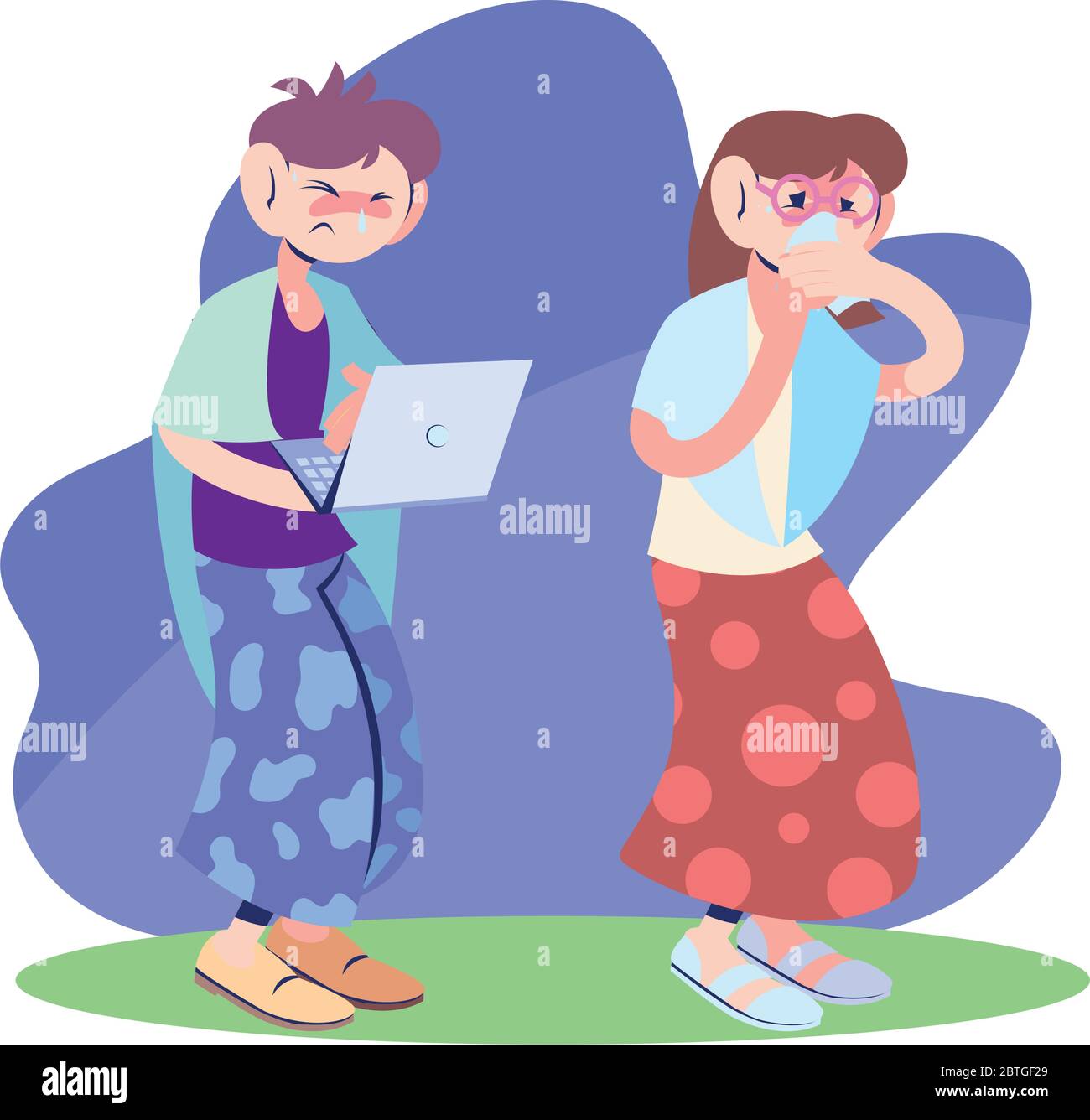 sick couple working on the computer vector illustration design Stock ...